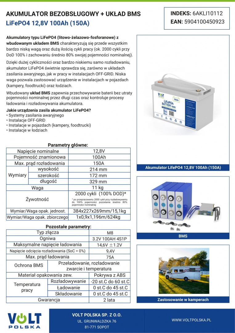 AKUMULATOR LiFePO4 12,8V 100Ah (150A) + BMS BEZOBSŁUGOWY > Volt Polska